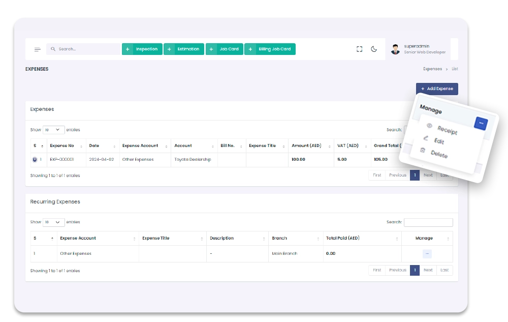 MotoSync Features - Expense Management